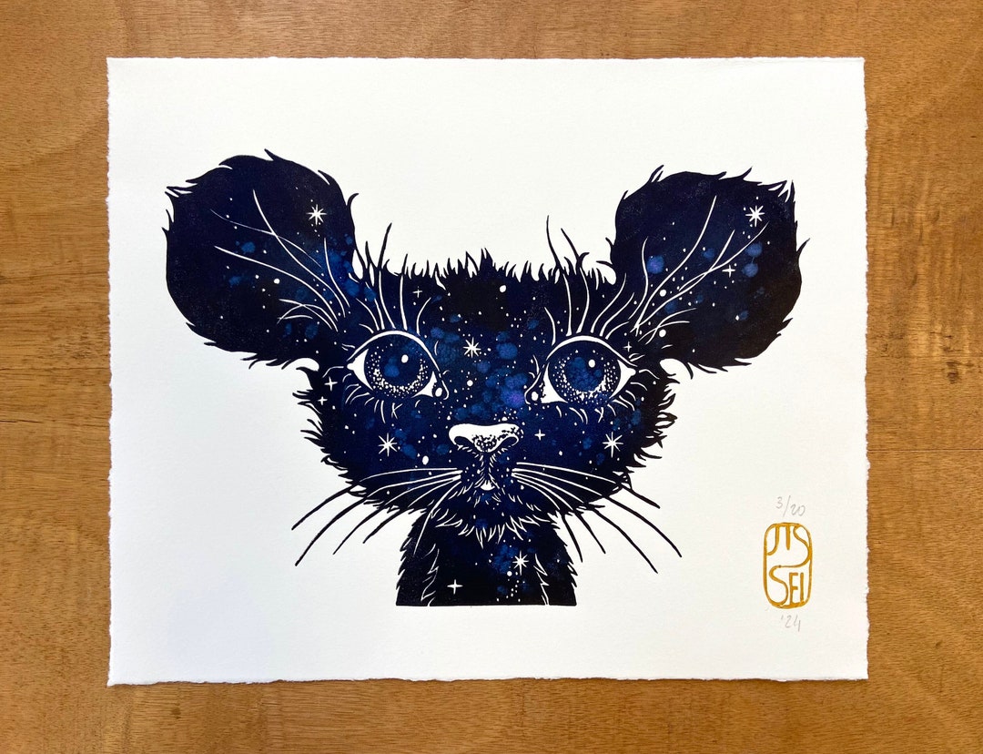 Magic Mouse Linocut Print handmade Fantasy Illustration gift for Animal ...