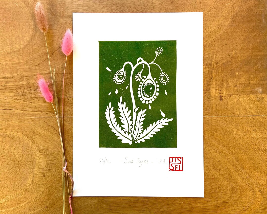 Green Flowers Linoleum Print Botanical Nature Wall Art Surreal Eyes ...