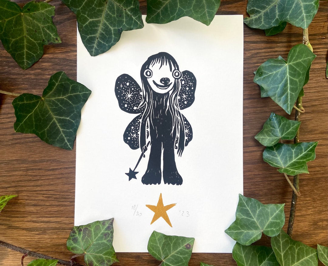 Fantasy Linocut Print - Sloth and Fairy Art Illustration - Nursery Wall ...