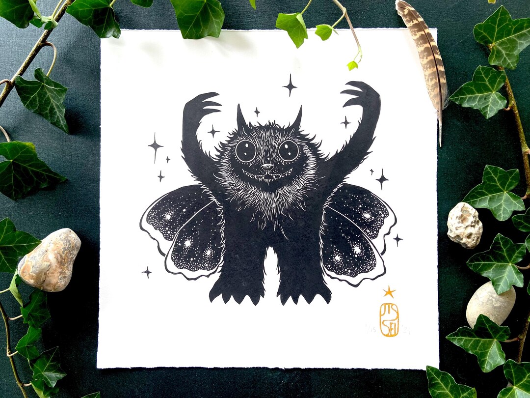 Monster Linocut Print Handmade Black Gothic Illustration Gift for Fairy ...