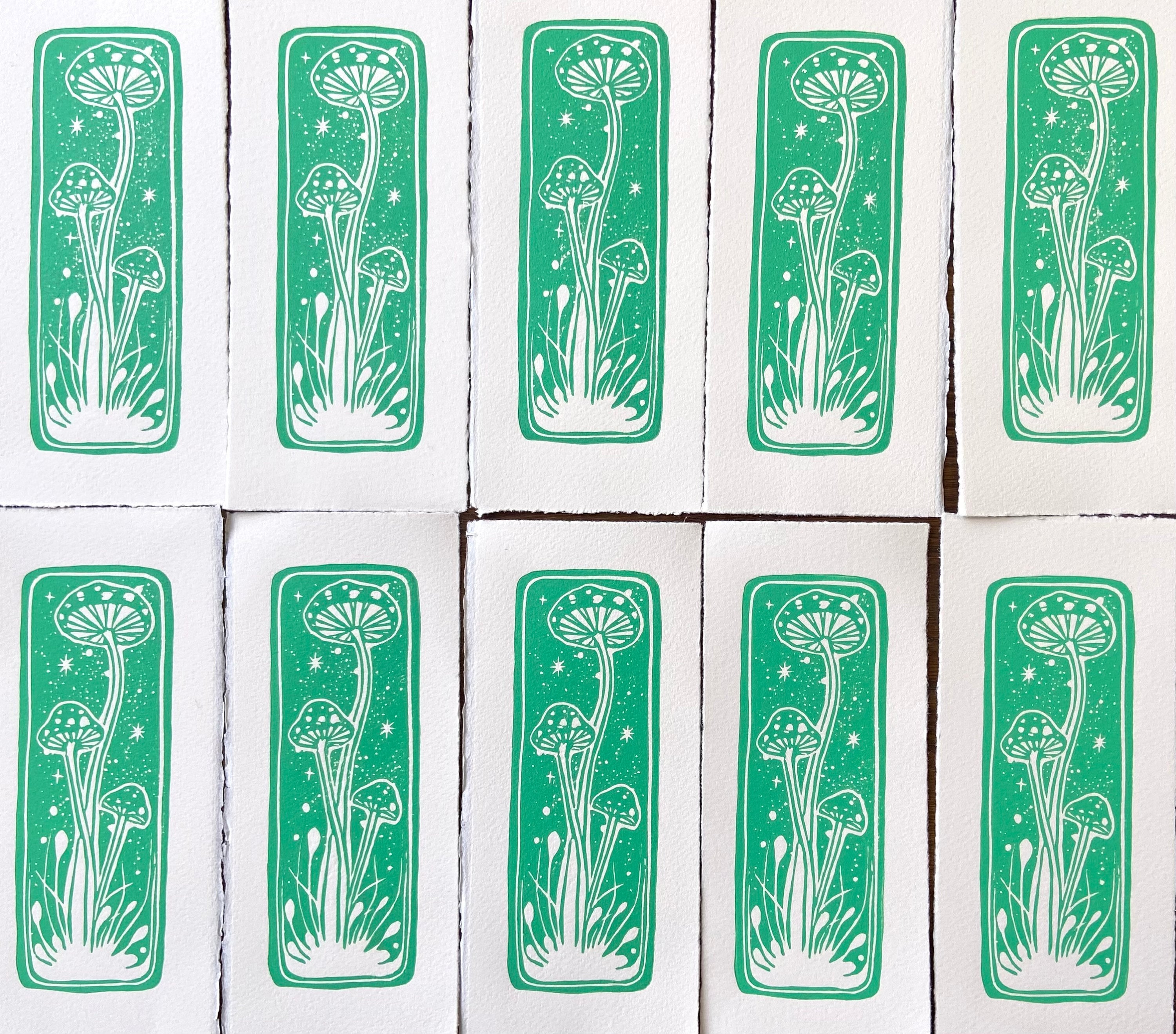 Handmade Mushroom Bookmarks - Lino Print - Fairytale Spring Green ...