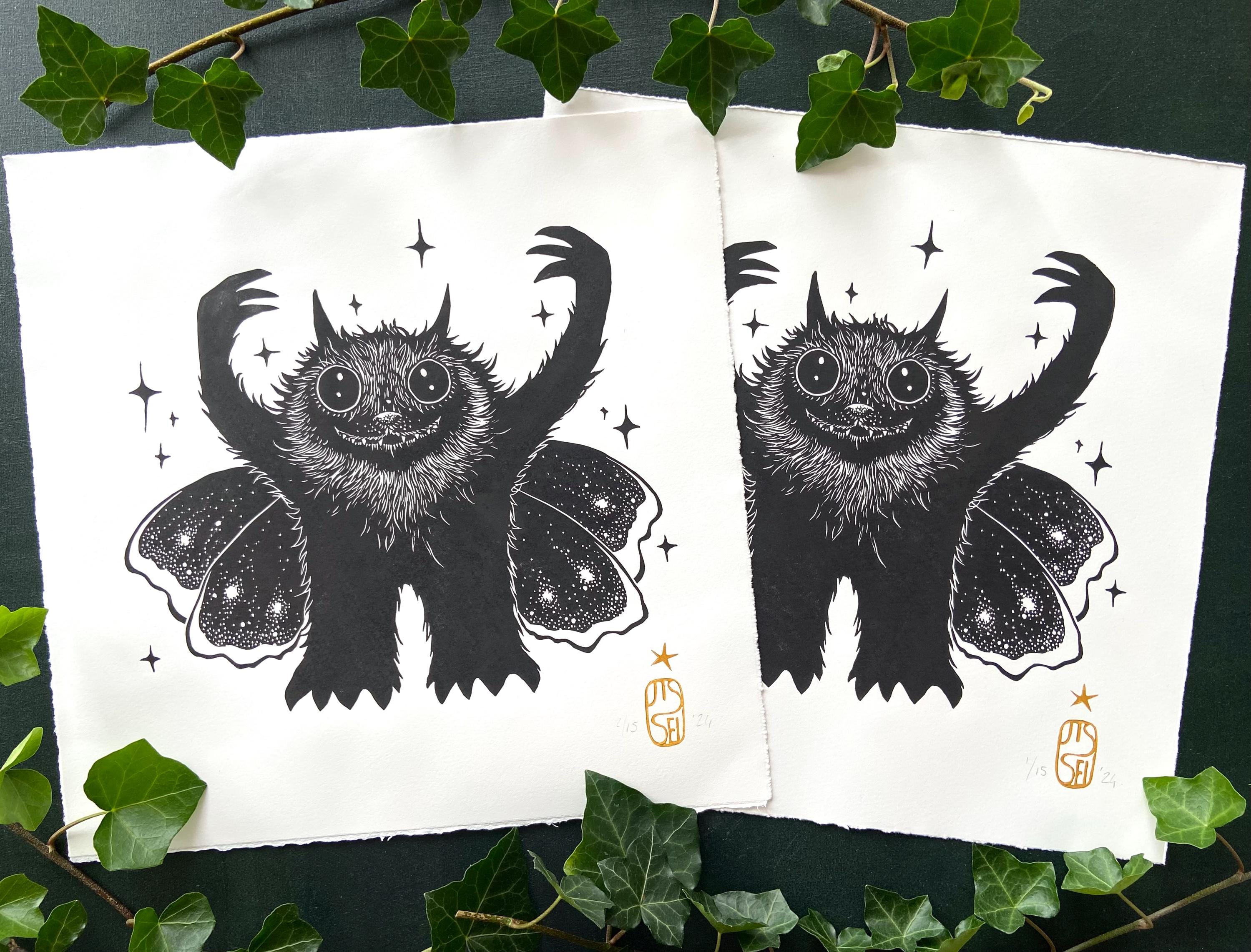 Monster Linocut Print - Handmade Black Gothic Illustration - Gift for ...
