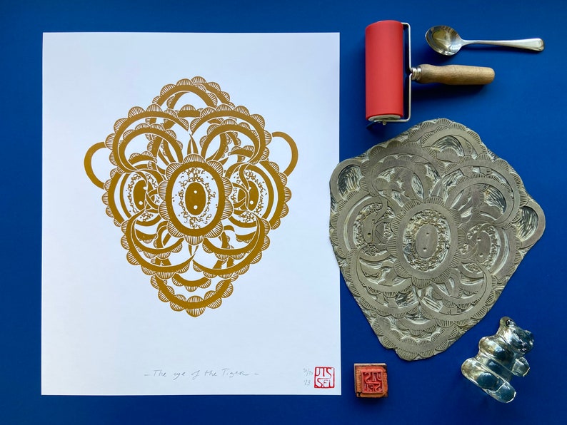 Abstract Mask Lino Print Stylized Fantasy Animal Face Handmade Linoleum ...