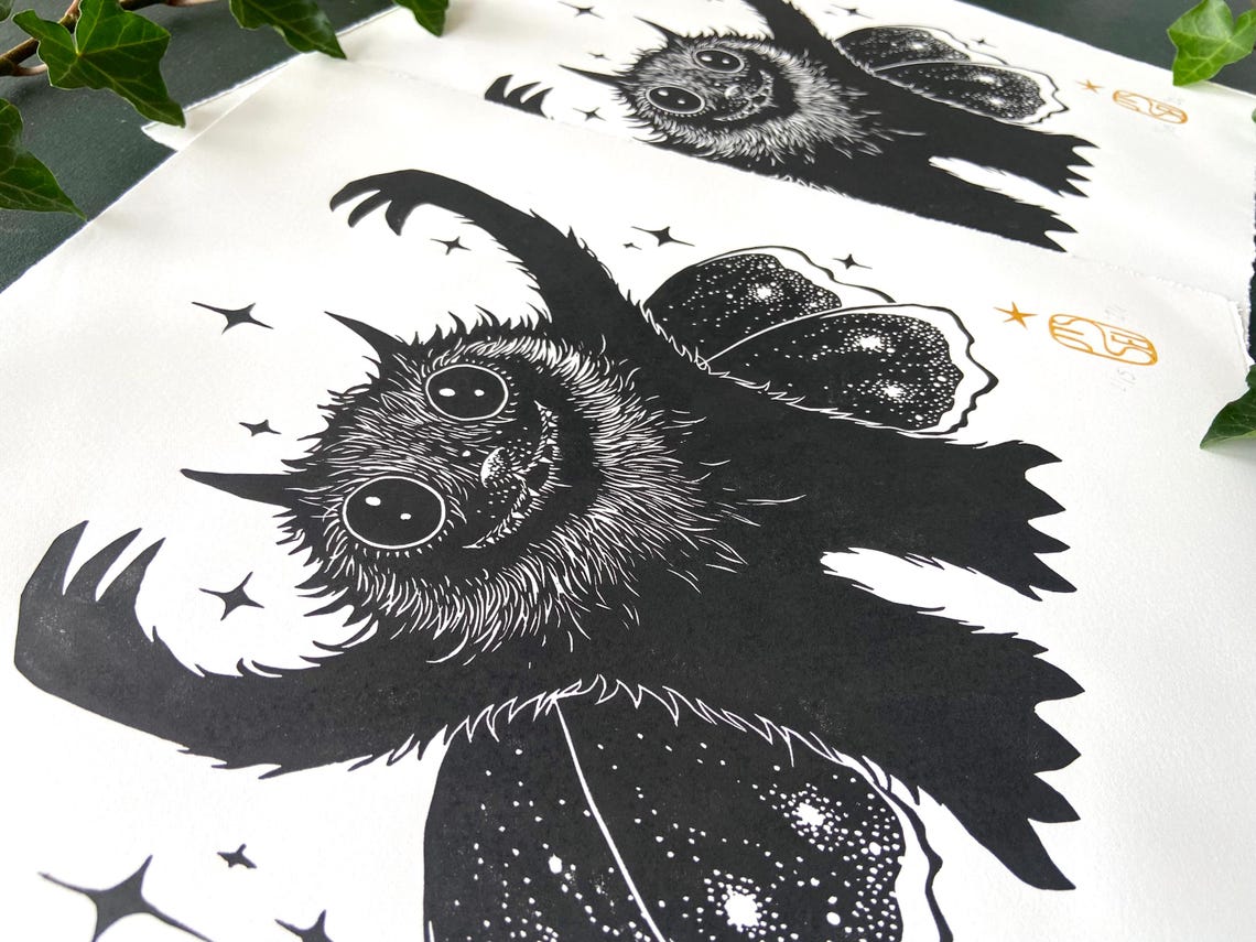 Monster Linocut Print - Handmade Black Gothic Illustration - Gift for ...