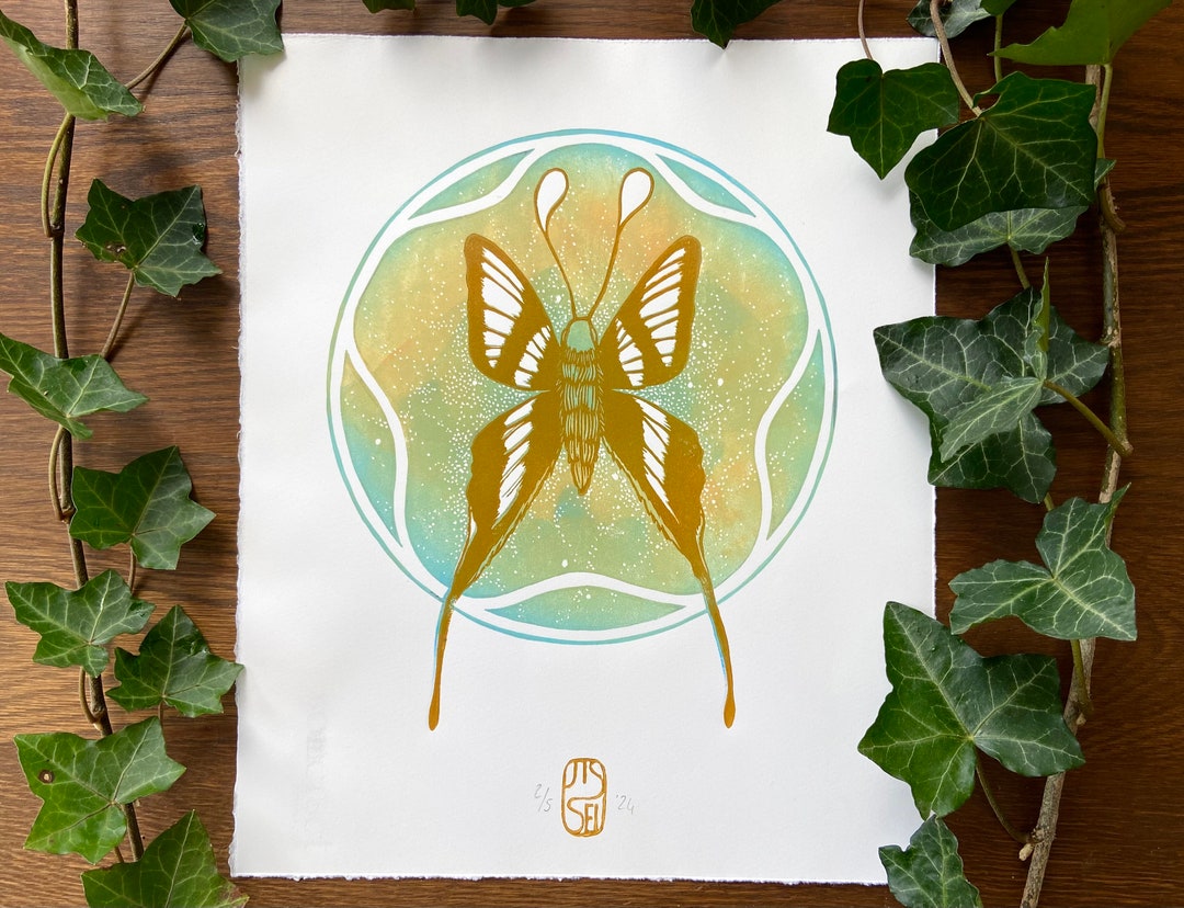 Magic Butterfly Linocut Print Handmade Fantasy Illustration Gift for ...