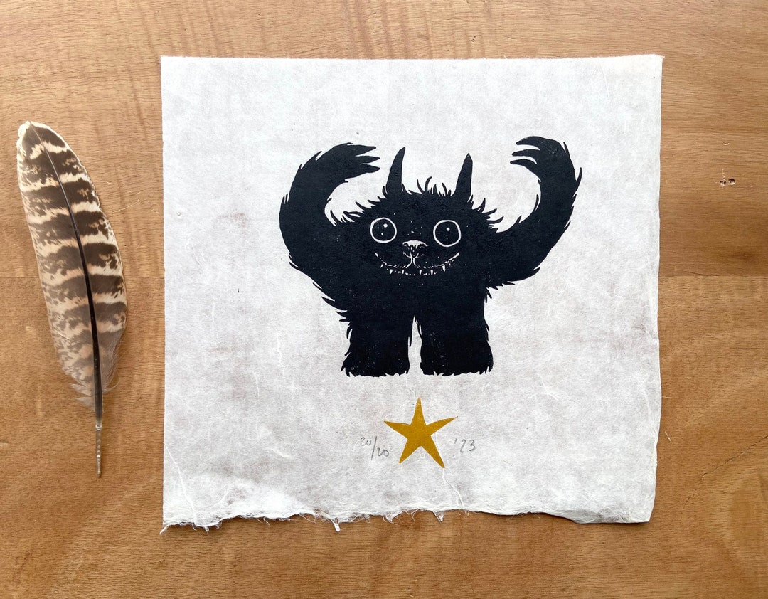 Linocut Print Black Monster - Wall Art on Japanese Paper - Handmade ...