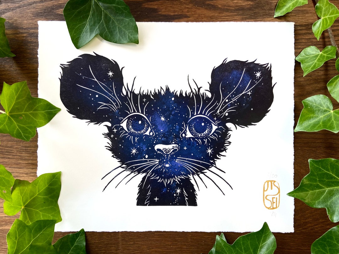 Magical Mouse Linocut Print Handmade Fantasy Illustration Gift for ...