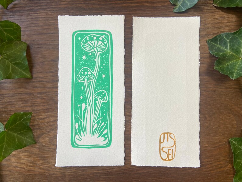 Handmade Mushroom Bookmarks Lino Print Fairytale Spring Green Bookmark ...