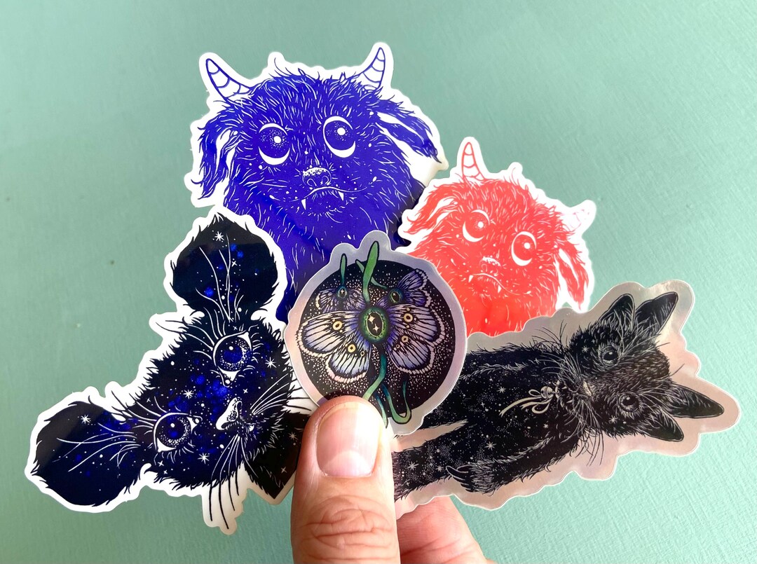 Linocut Sticker Set Gift for Roommate Mouse, Cat, Butterflies and ...