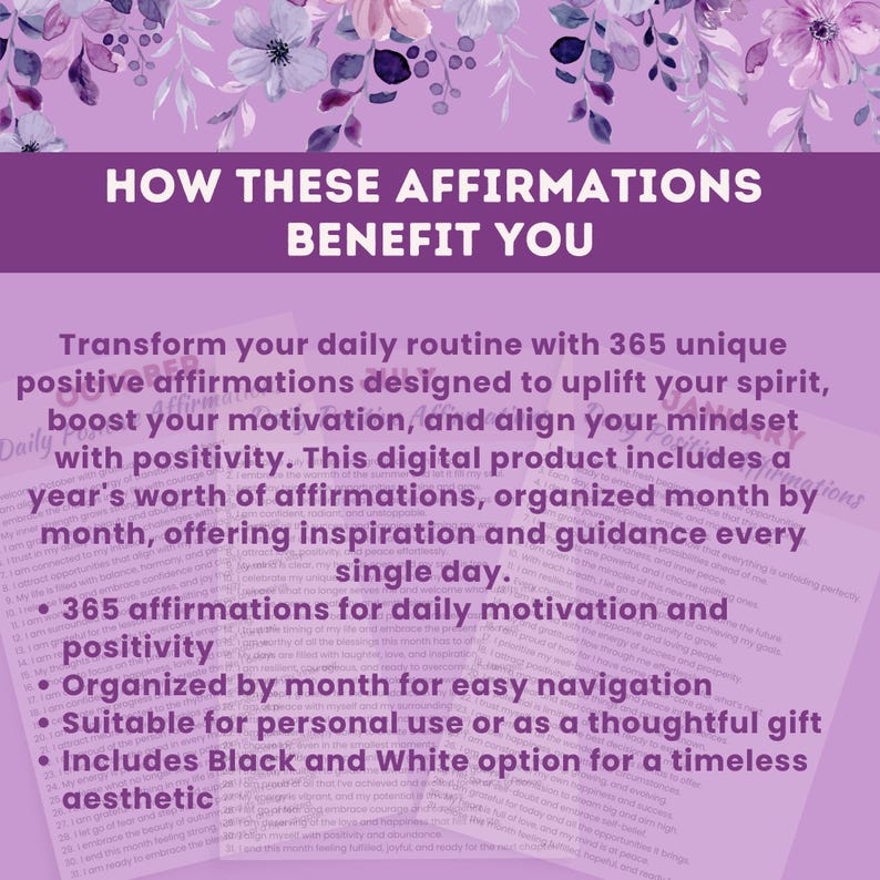 365 Days of Positive Affirmations Daily Motivation Printable Black ...