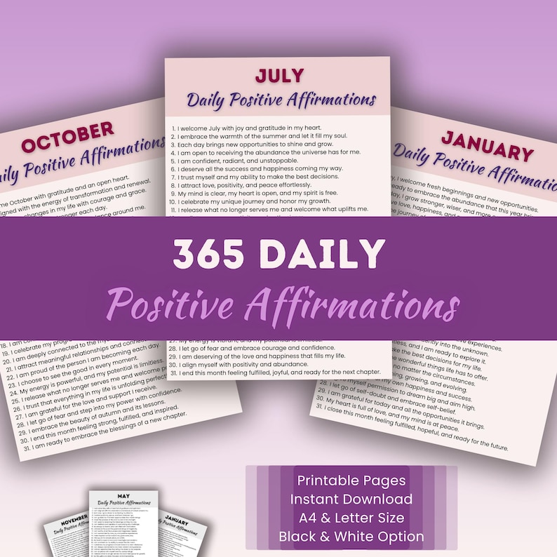 365 Days of Positive Affirmations Daily Motivation Printable Black ...