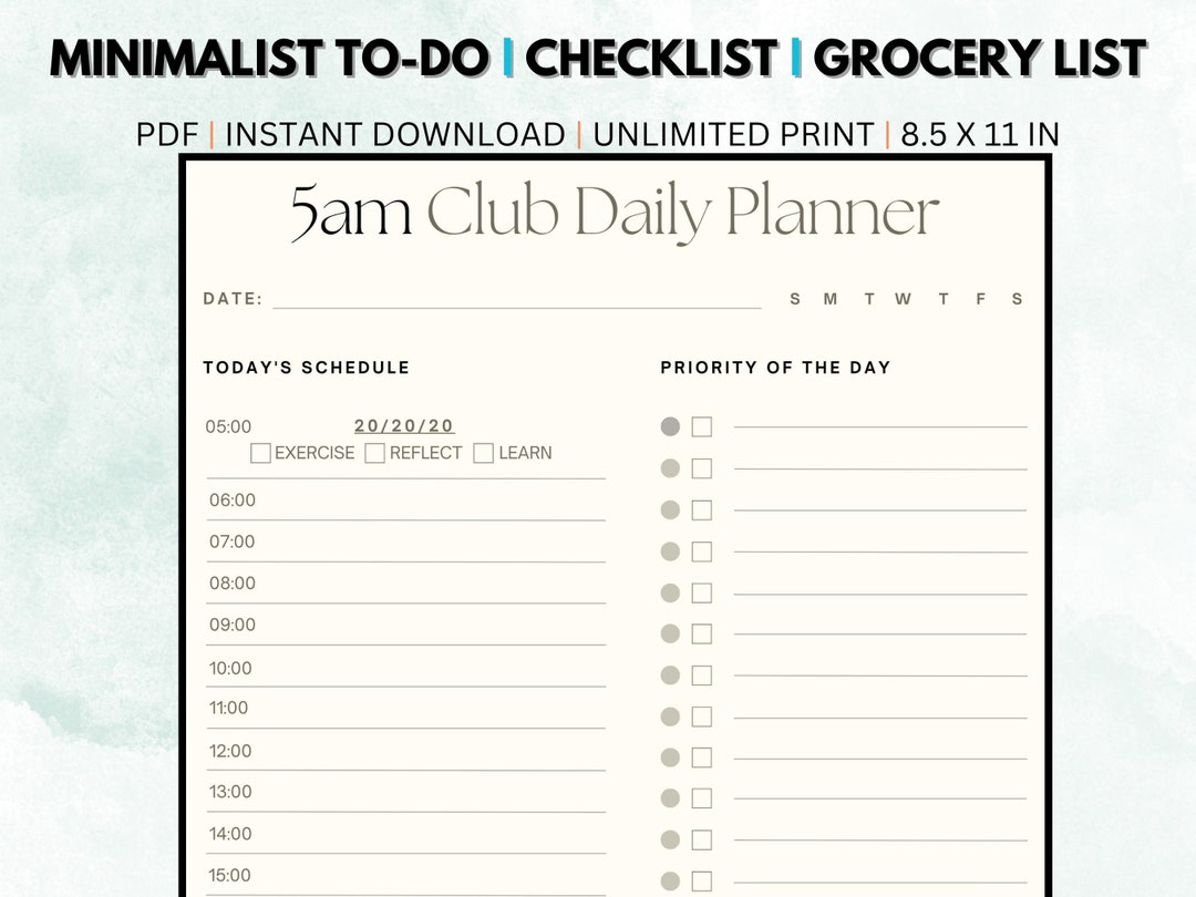 5am Club Daily Planner - Minimalist Daily Planner / Grocery List ...