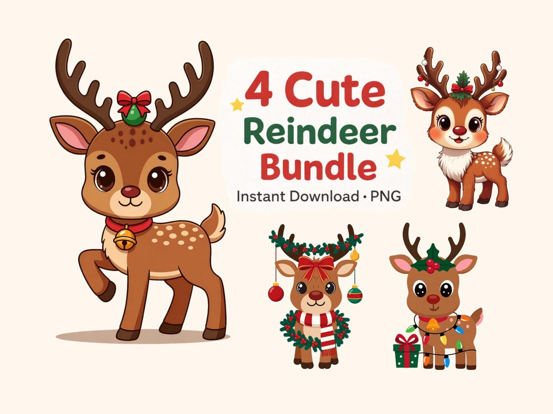 Christmas Reindeer Clipart Bundle PNG, Cute Baby Deer, Kids Holiday ...