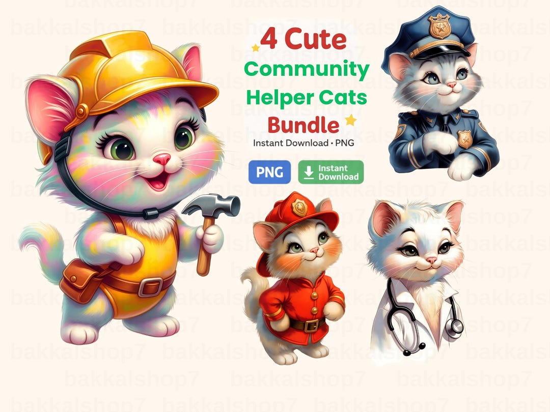 Cute Community Helper Cats PNG Bundle | Doctor, Firefighter & Builder ...