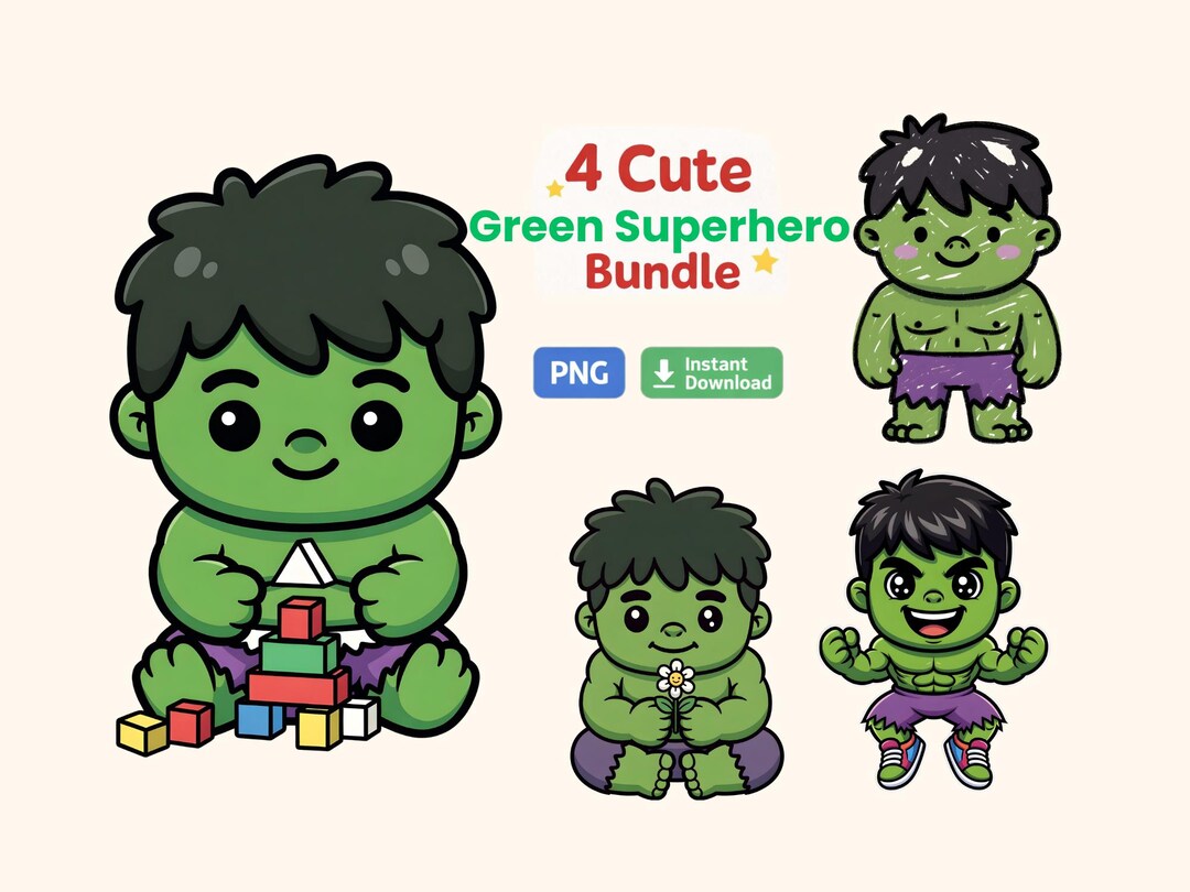Green Superhero Clipart Bundle, Cute Kids Hero PNG Set, Cartoon Green ...