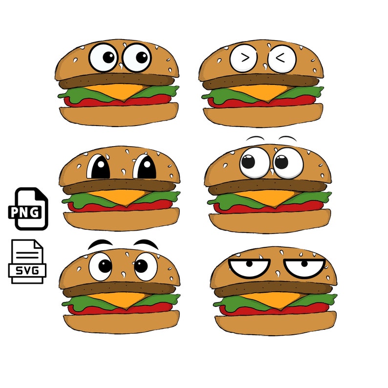 Cute Hamburger Png Bundle, Fun Hamburger Clip Art, Instant Download, 6 ...