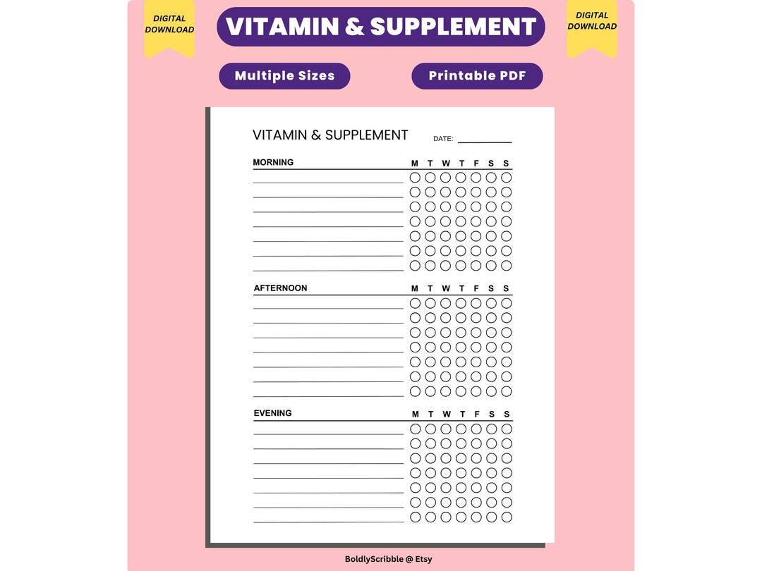 Daily Vitamin Tracker Printable Supplement Checklist Vitamin - Etsy