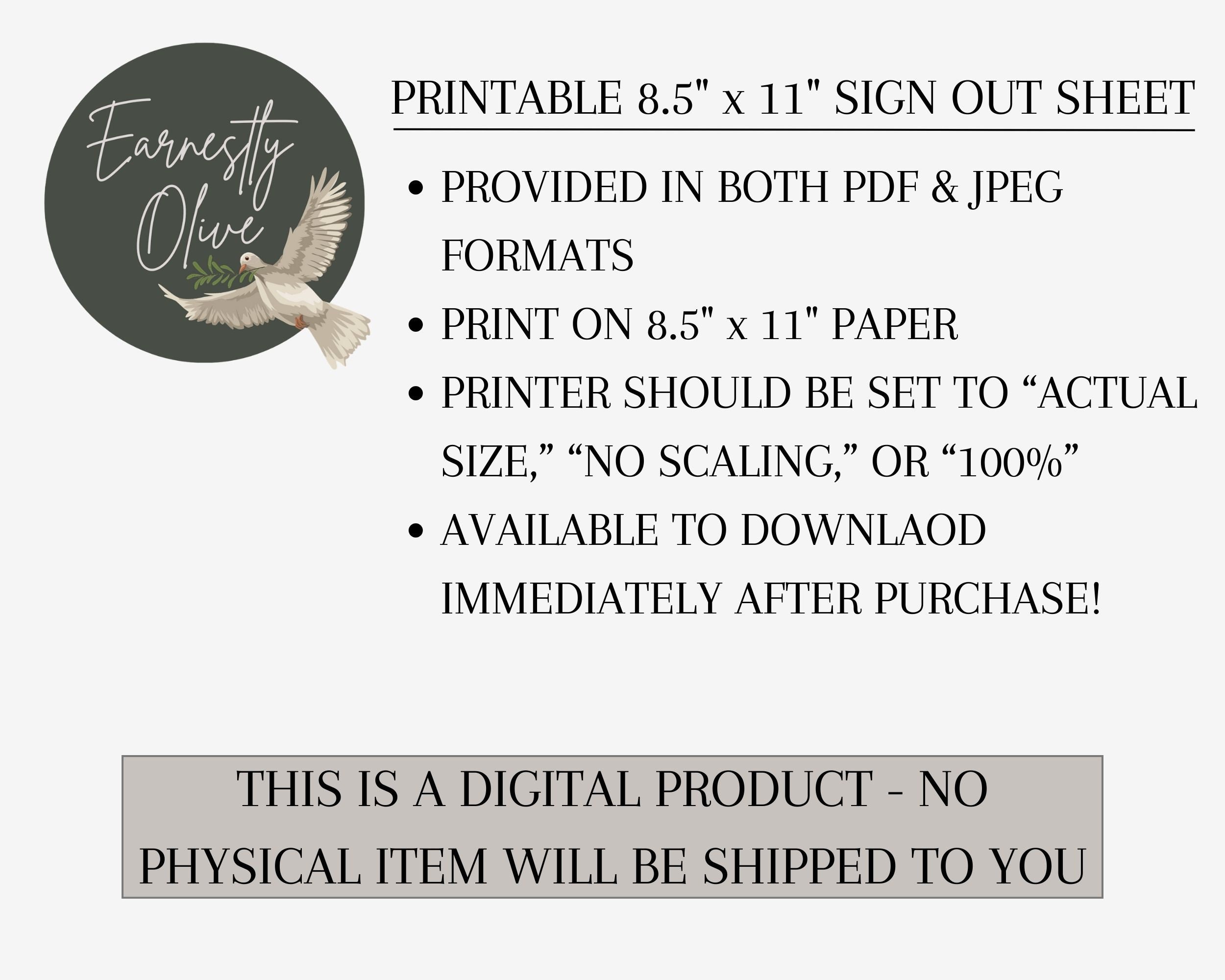 Printable Sign Out Sheet, Digital Download, 8.5x11 Sign Out Sheet ...