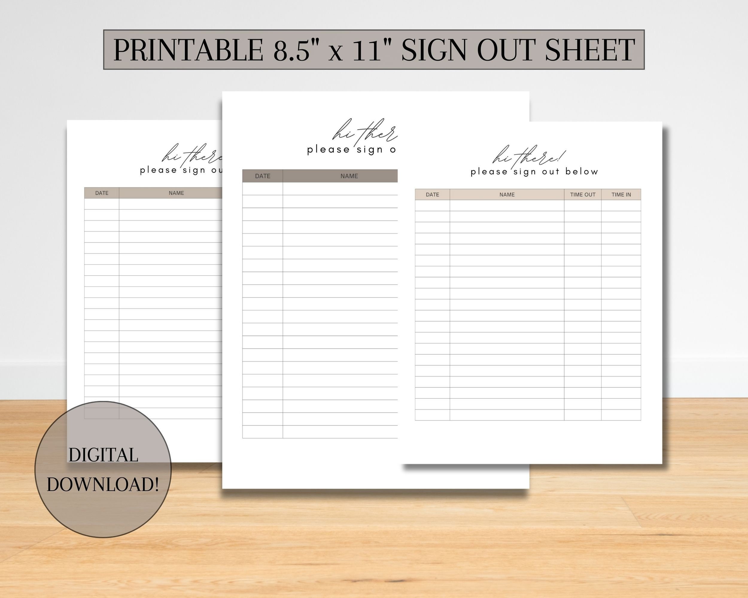 Printable Sign Out Sheet, Digital Download, 8.5x11 Sign Out Sheet ...