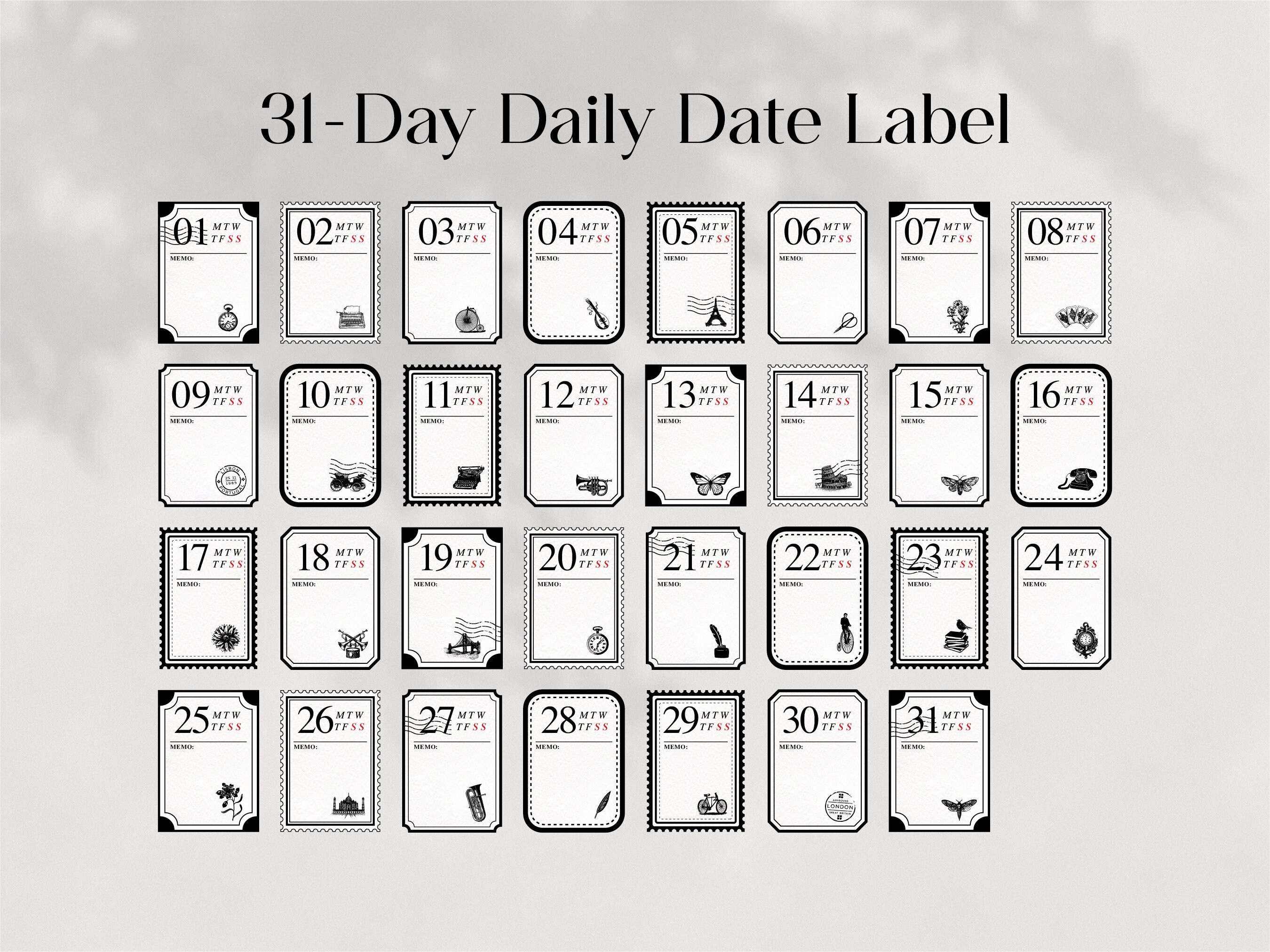 31-day Date Postage Stamps Digital Stickers for Digital Planners and ...