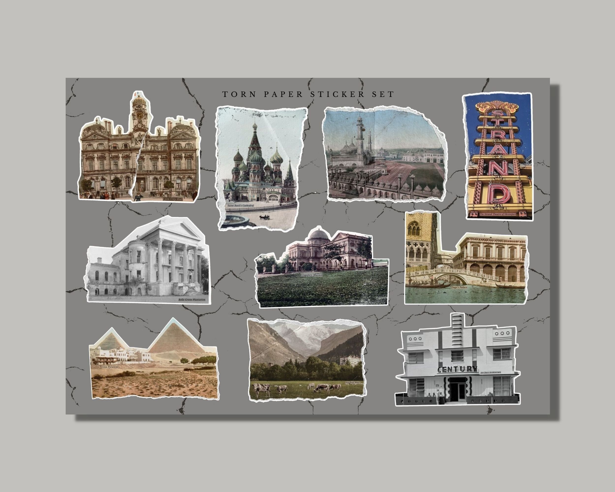 Torn Paper Sticker Set, Famous Places Stickers, Printable Sticker Sheet ...