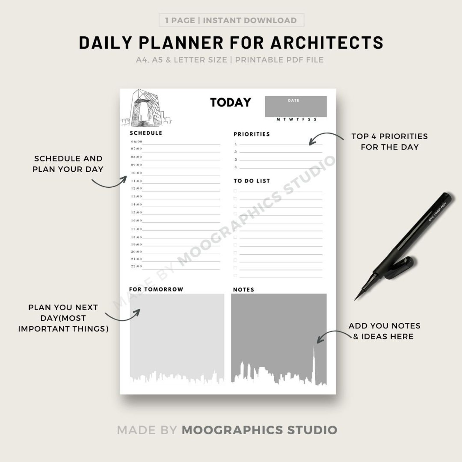 Daily Planner Printable, Undated Daily to Do List Architect ...
