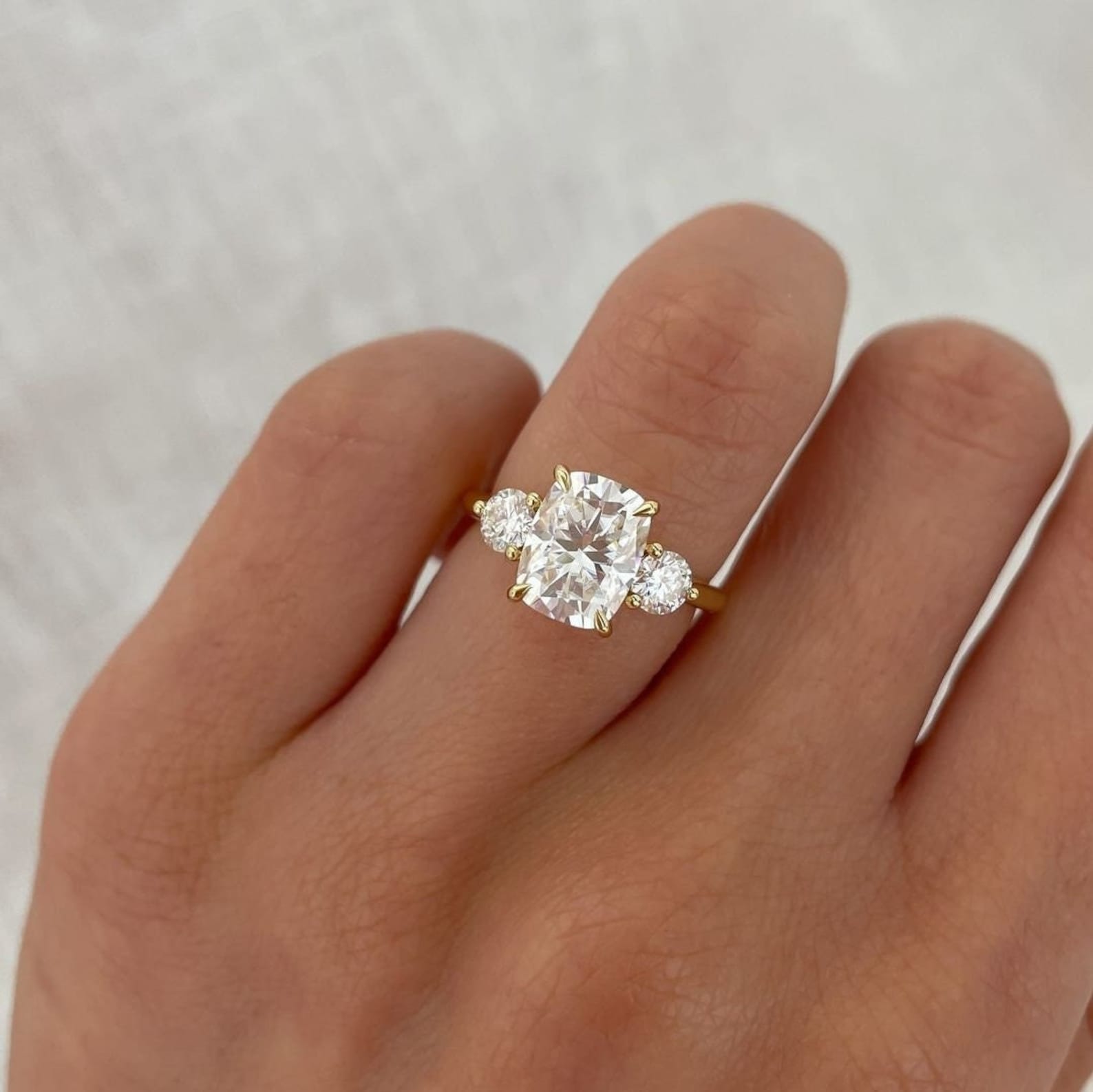 3 CT Elongated Cushion Cut Engagement Ring With Side Stone, Moissanite Ring, Unique Three Stone ...