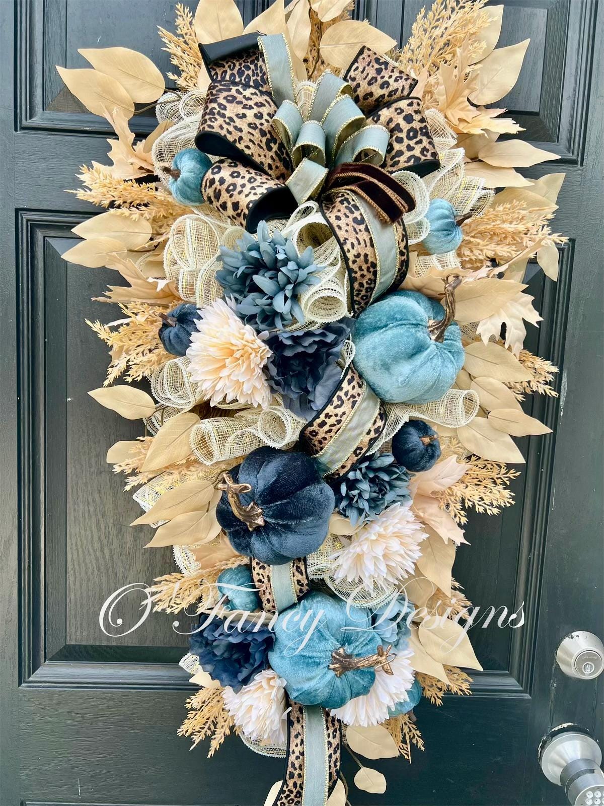 Fall Leopard Wreath, Pumpkin Swag, Blue Fall Wreath, Front Porch ...