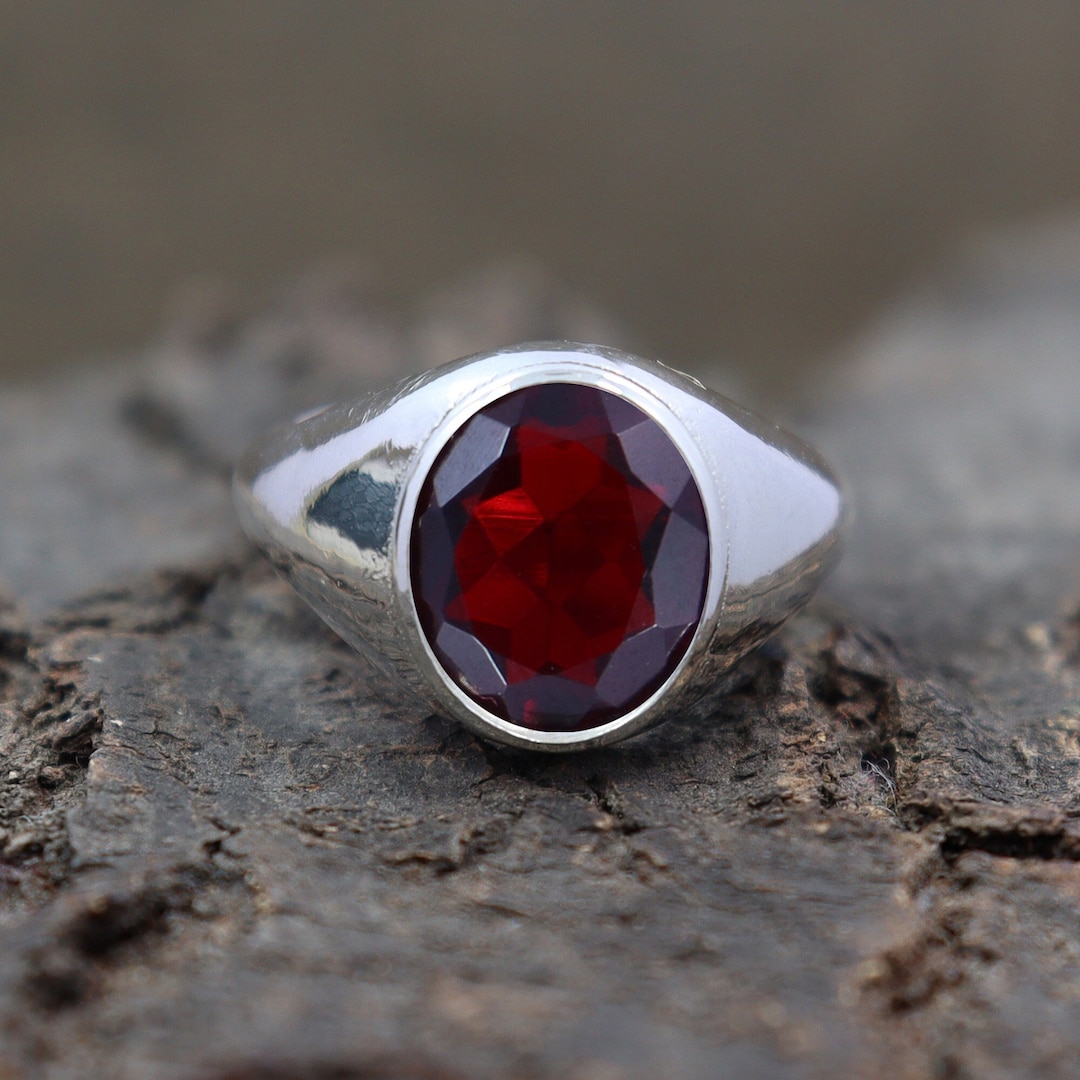Red Garnet Ring, Garnet Silver Signet Ring, 925 Sterling Silver Ring ...