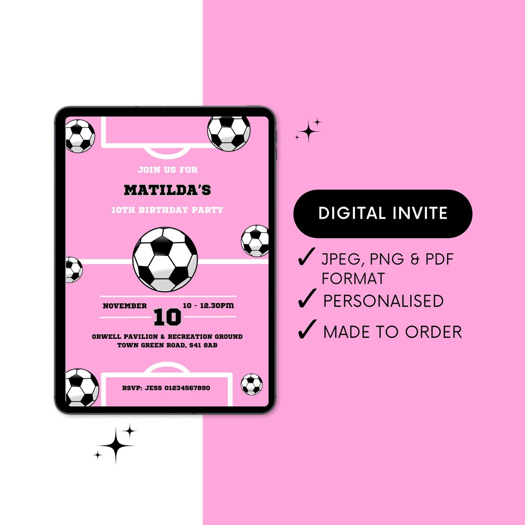 Personalised Digital Pink Football Pitch Party Invitation • Birthday ...