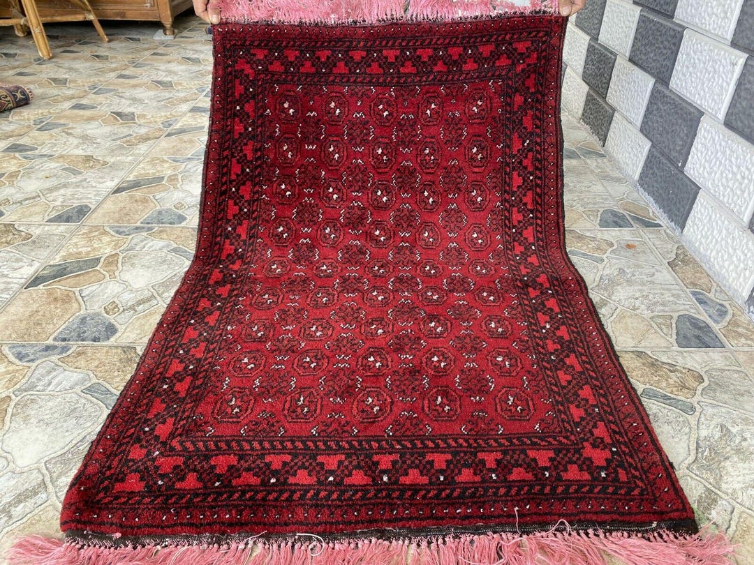 Vintage Rug 3x4 Hand-knotted Bukhara Wool Carpet, Red Antique Rug ...
