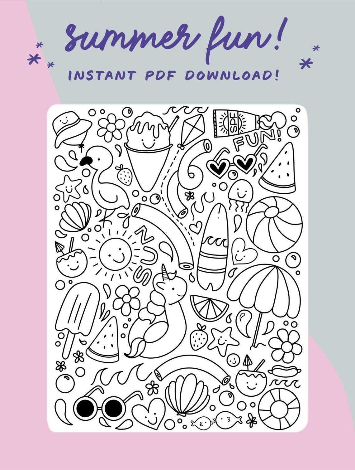 Doodle Coloring Page - Instant Download - Summer Fun Theme - Etsy