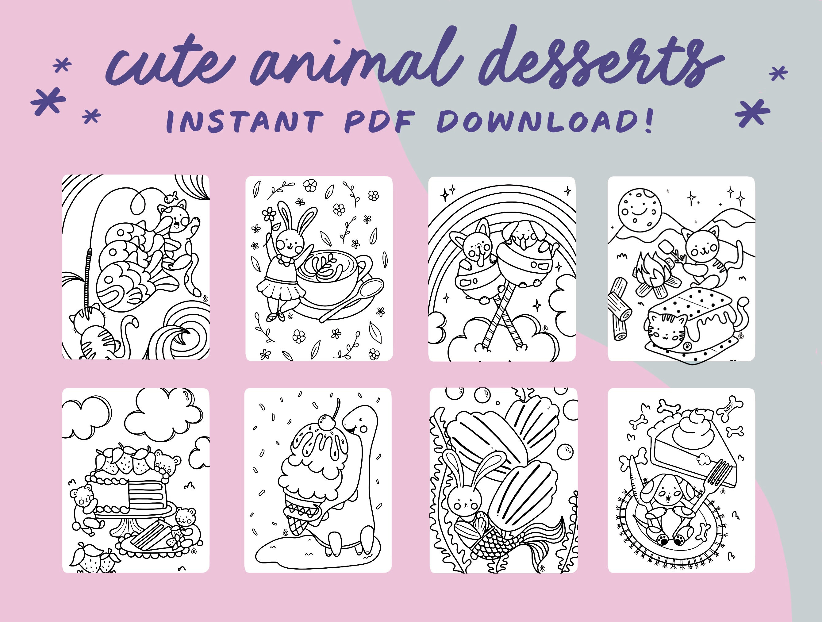 Instant Download Coloring Pages | Cute Animal Dessert Theme | Set of 8 ...