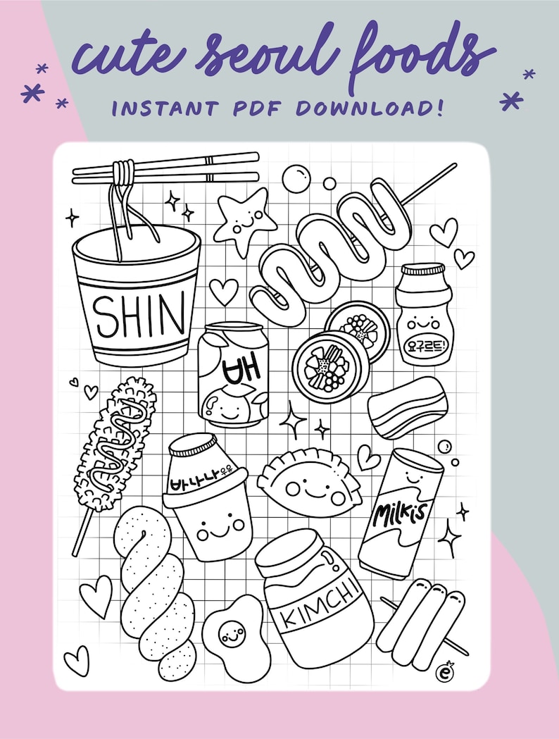 Doodle Coloring Page - Instant Download - Korean Street Food Theme - Etsy