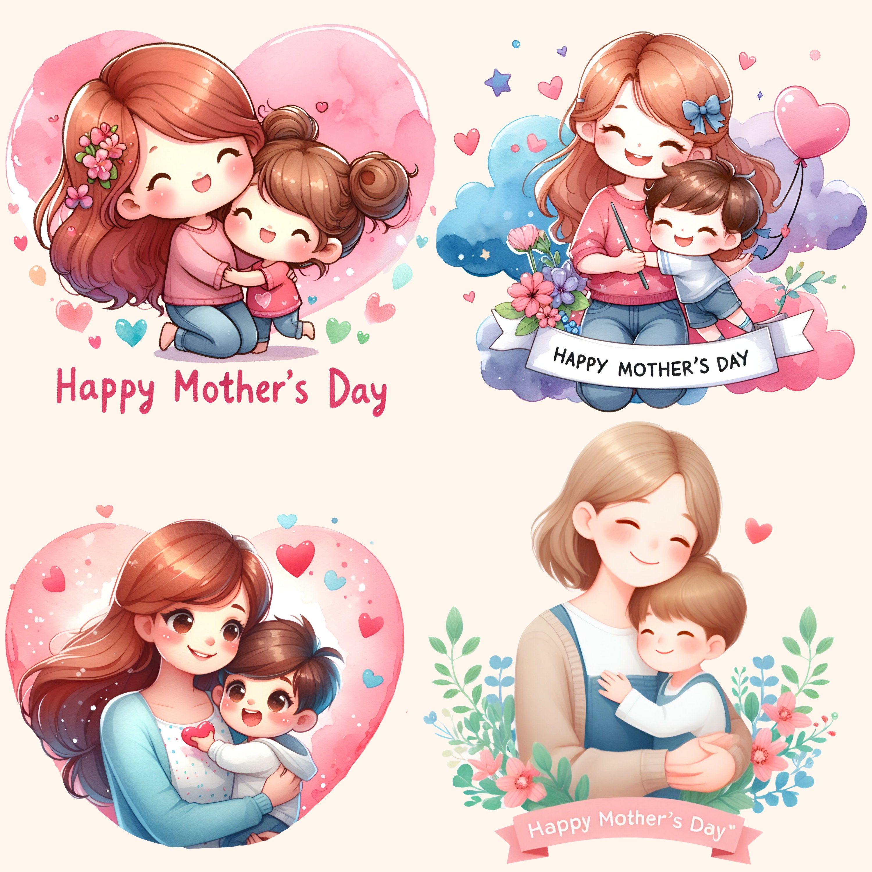 Happy Mother's Day Clipart Bundle, Kawaii Mothers Day Illustrations ...