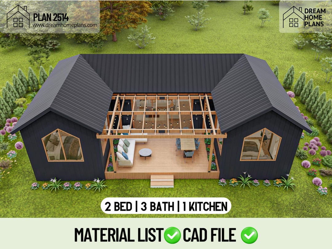 Planta de casa de campo moderna com 2 quartos e 3 banheiros (download ...