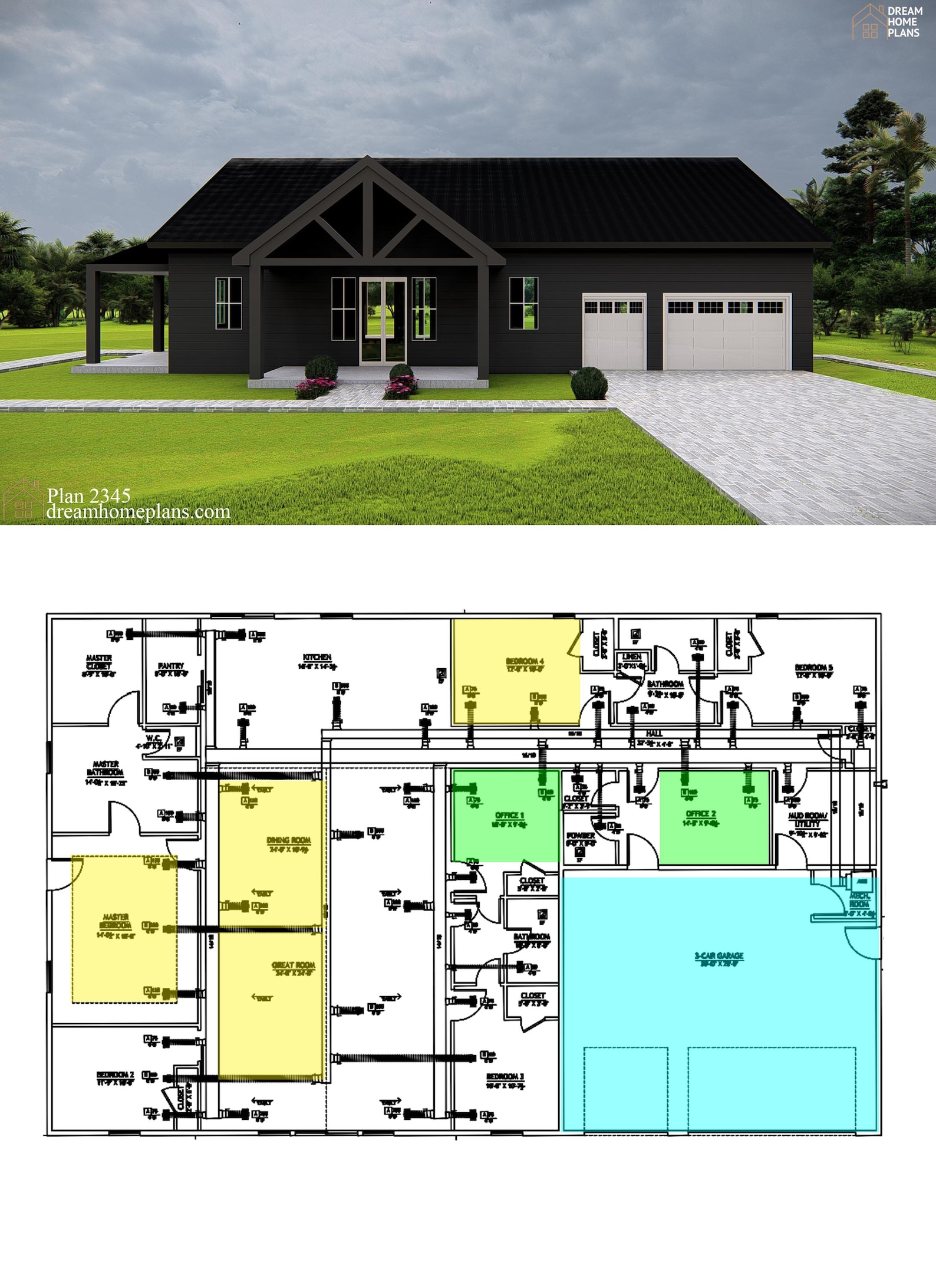 Modern Black Barndo House Plan - 5 Bedrooms, 3-car Garage, Open Floor ...