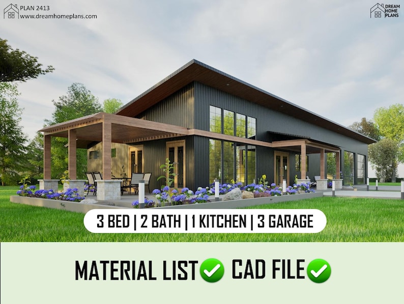 Barndominium Farmhouse Plans: 3 Bedroom Architect Drawings (digital ...