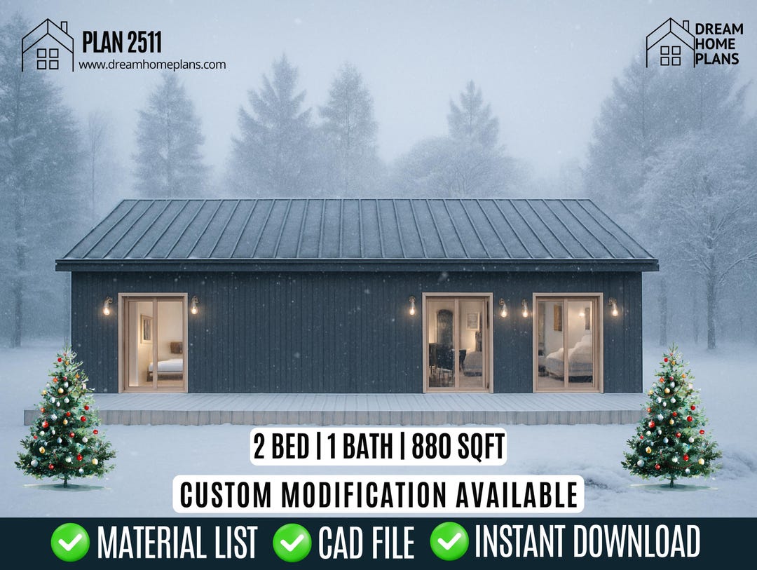 Modern Cabin House Plans: 880 Sq-ft Small Home, 2 Bed, Architectural ...