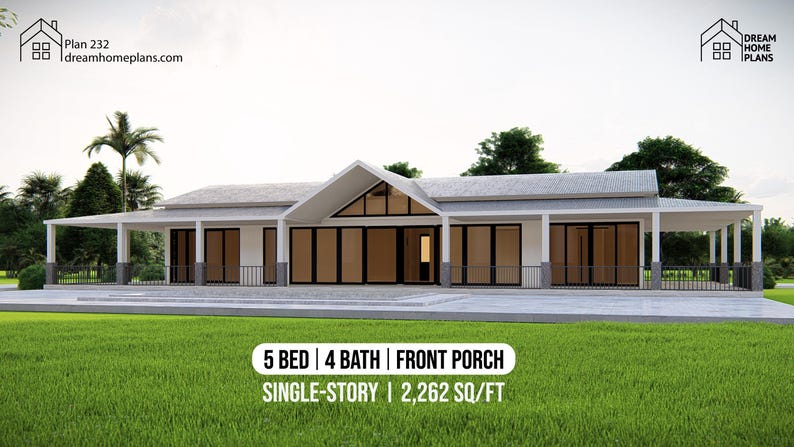 Spacious Single-story House Plan: 5 Bed, 4 Bath, Front Porch (PDF) - Etsy