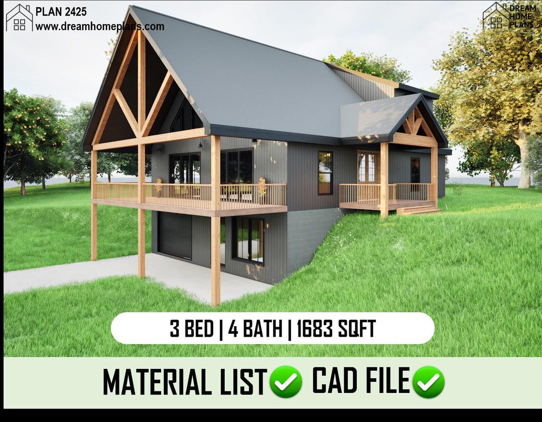 Mountain Farmhouse Plan: Vaulted Loft, Basement Options (CAD, PDF ...