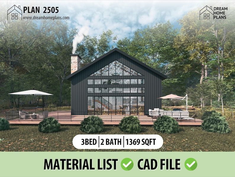 Modern Black Cabin House Plan: 3 Bed, 2 Bath Architectural Drawings ...