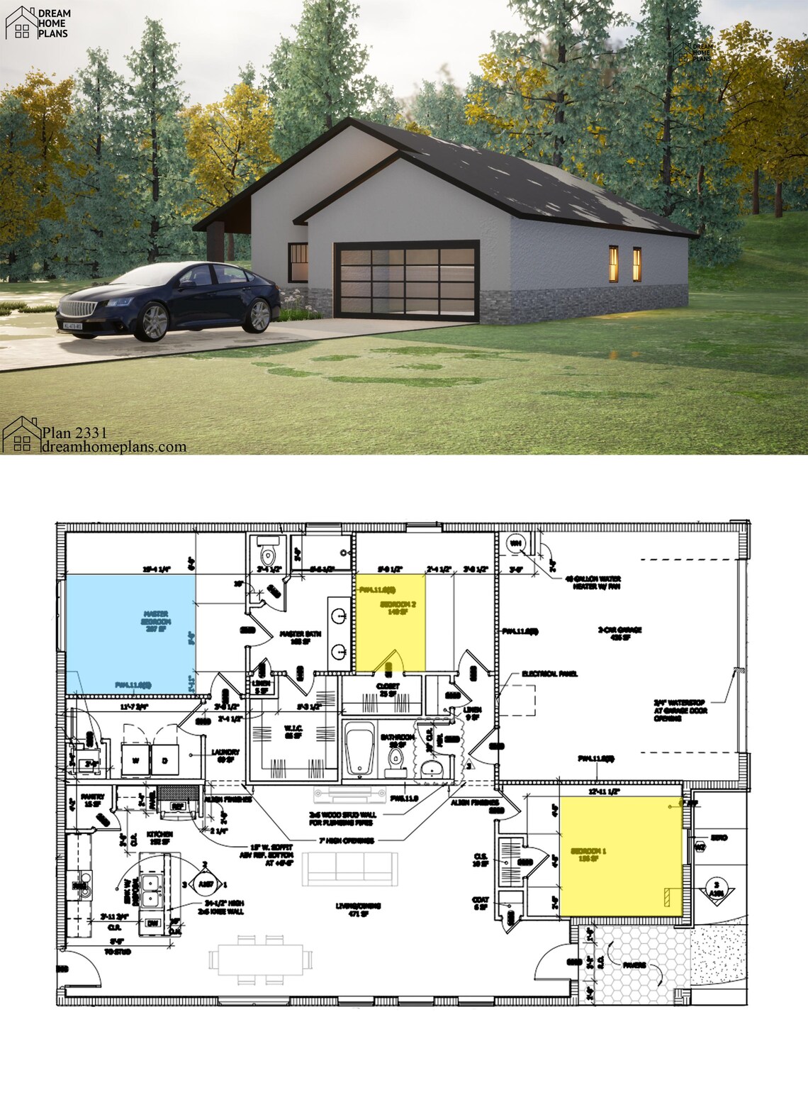 Cottage Home Plan - 3 Beds, 2 Baths, Open-plan, Master Suite, 2-car ...