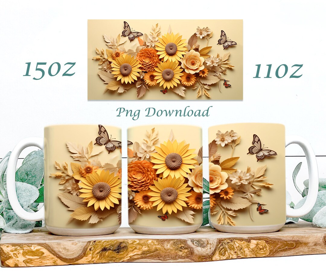 3D Sunflowers Paper Layered Mug, 3D Sunflower Mug, 3D Mug Sublimation ...