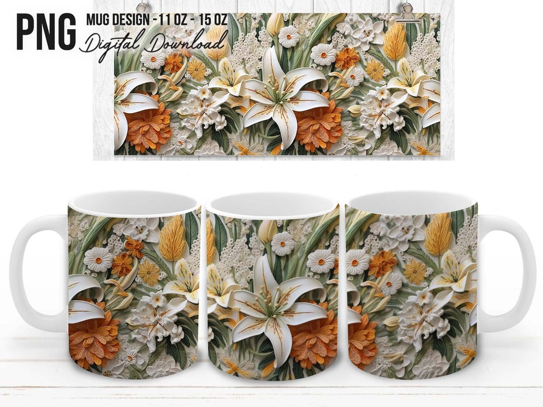 3D Lily Flower Mug, Wedding Mug Design, Floral Mug PNG, 3D Mug, 11oz ...
