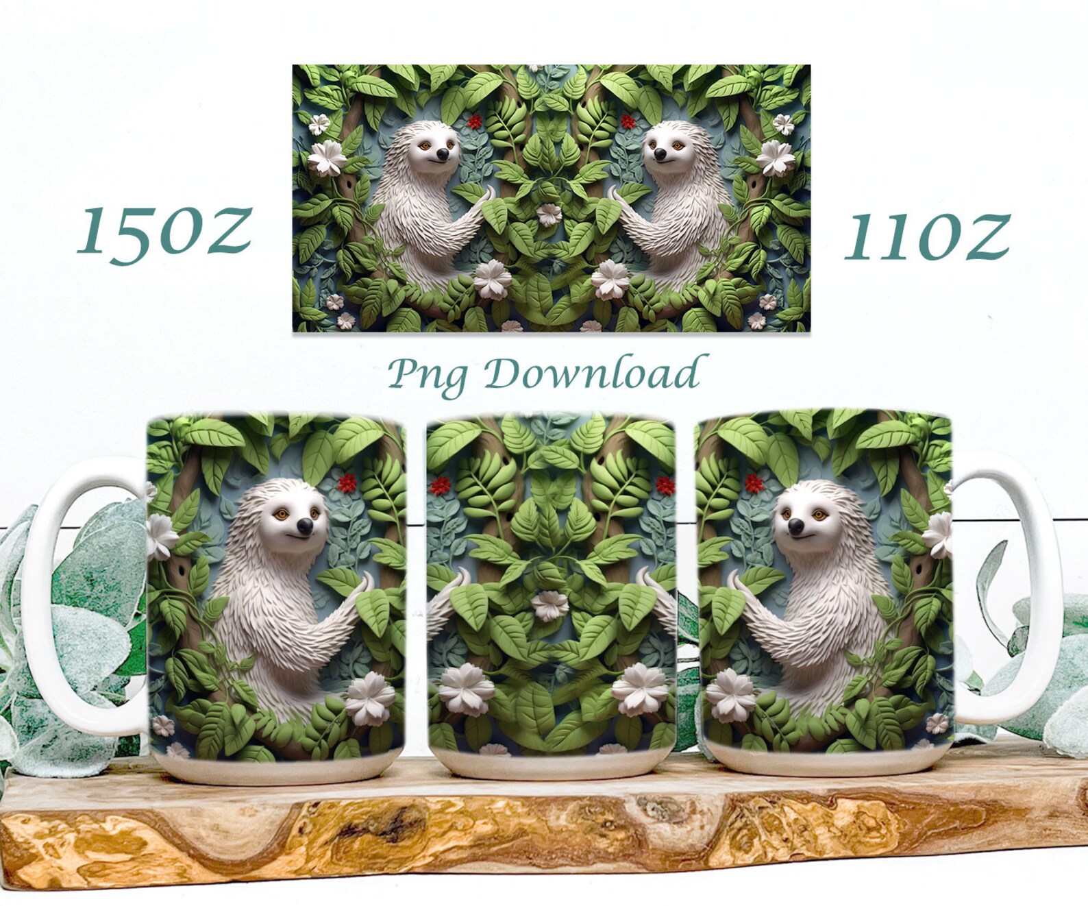 3D Sloth Floral Mug Wrap 3D Sublimation Design 3D Sloth Mug - Etsy