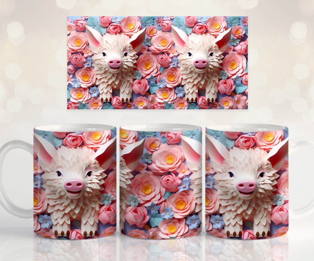 3D Cute Pink Pig Mug Wrap PNG, 3D Ivory Pig Flowers Mug PNG,3D Floral ...