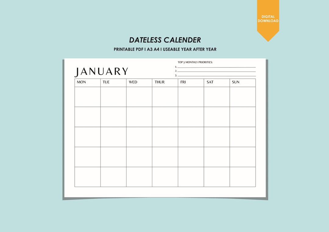 Dateless, Calendar, Printable, Minimalist, Simple Calendar, 420mm X ...