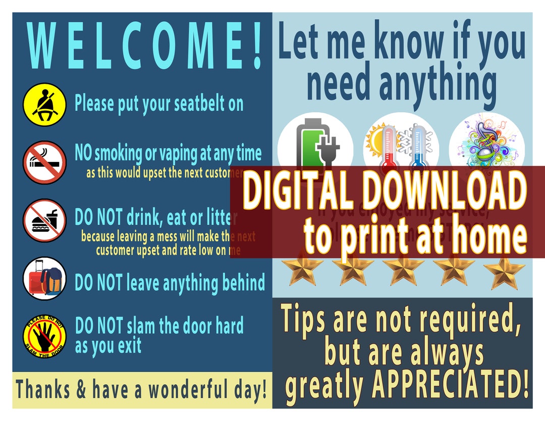 Printable Rideshare Tip Sign: Uber, Lyft, English & Spanish (digital ...