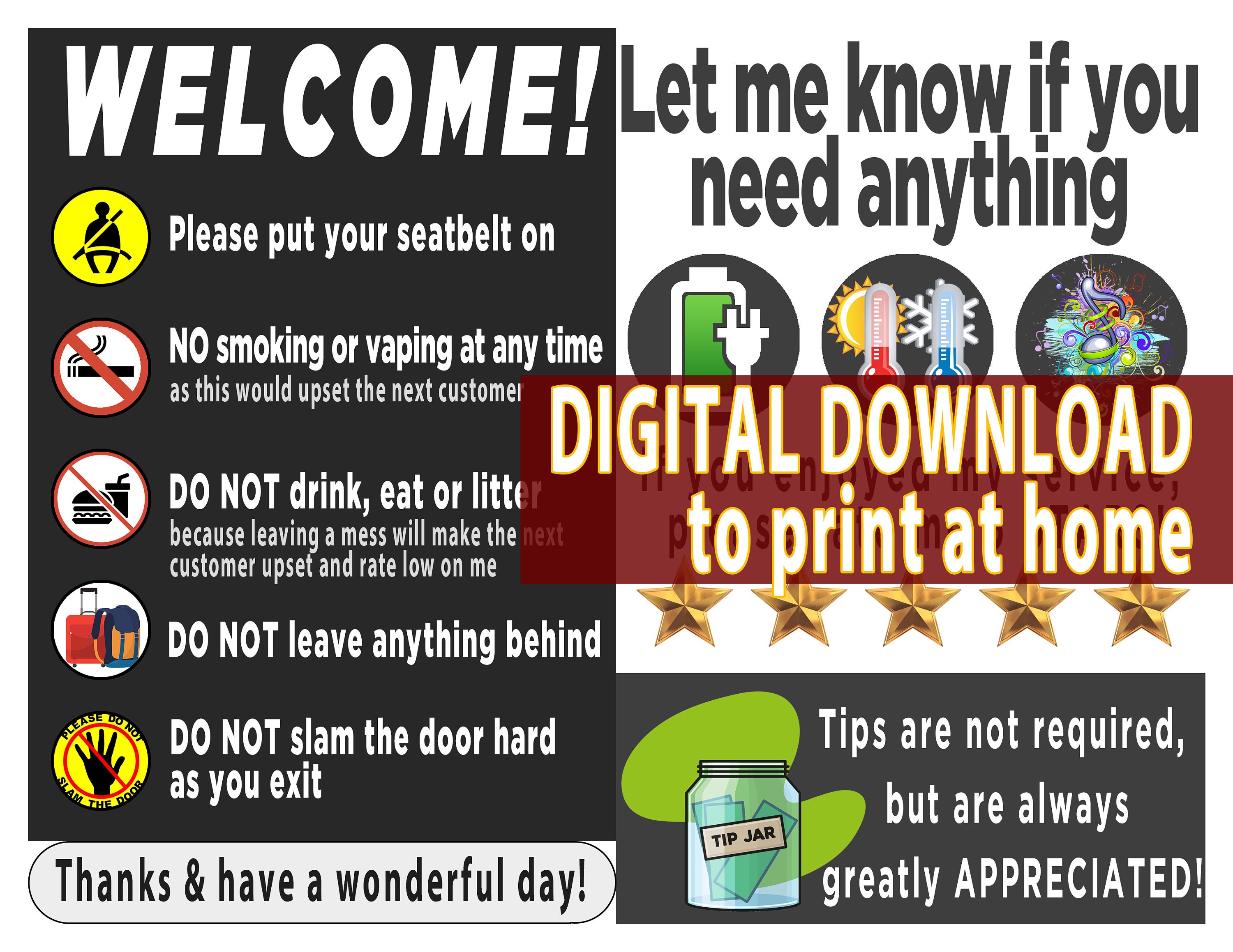 UBER Theme Rideshare Tip and Rating Sign English and Spanish - Etsy